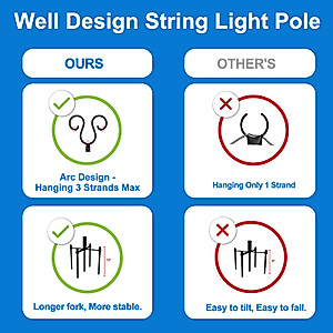 Elevens String Light Pole - A Set of 2, Patio Light Poles with Arc Shaped Hooks, Outdoor Light Poles for Outside String Light, Perfect for Garden, Backyard, Party, Wedding, Birthday Decoration (Black)