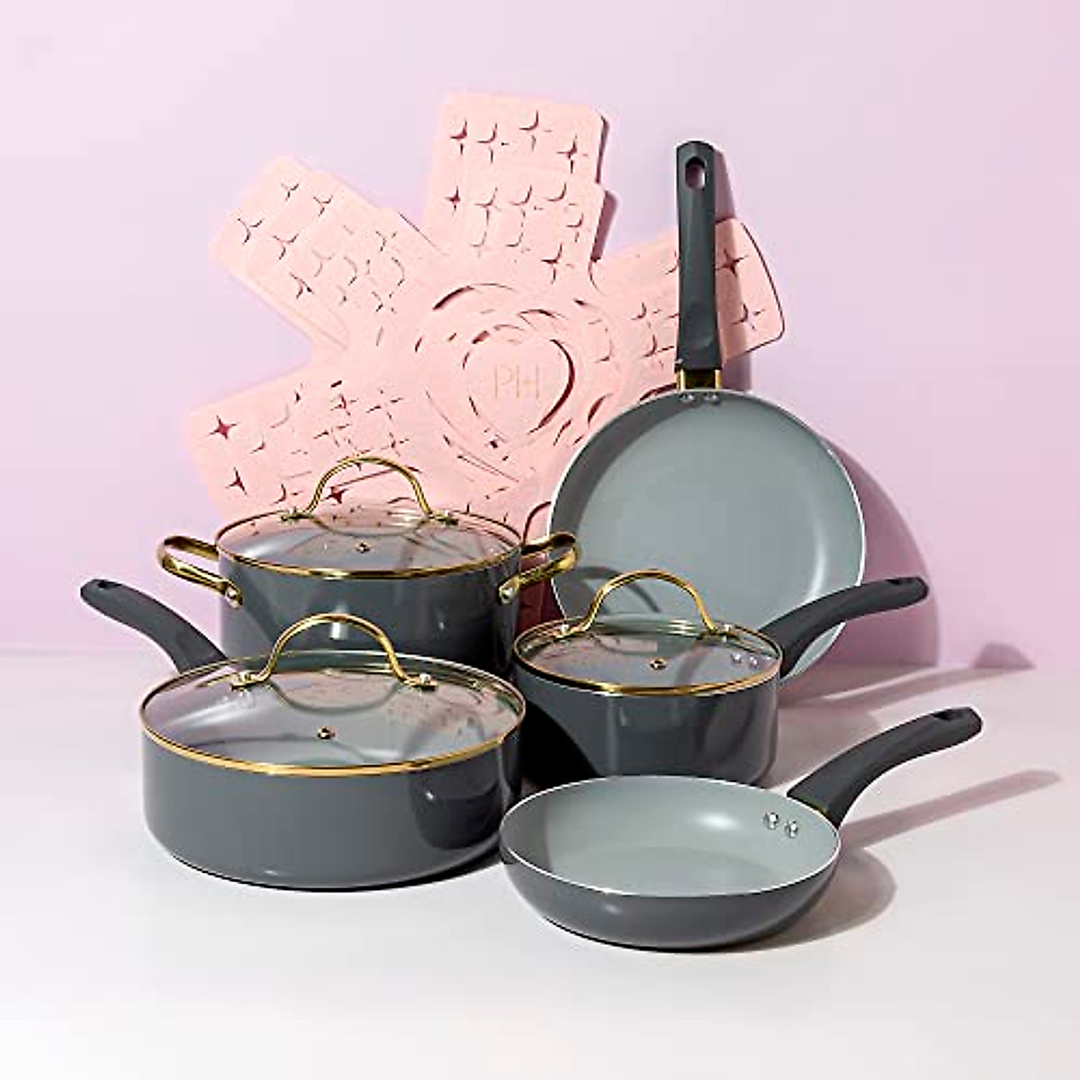 Paris Hilton Epic Nonstick Pots and Pans Set, Multi-layer Nonstick Coating, Tempered Glass Lids, Soft Touch, Stay Cool Handles, Made without PFOA, Dishwasher Safe Cookware Set, 12-Piece, Charcoal Gray