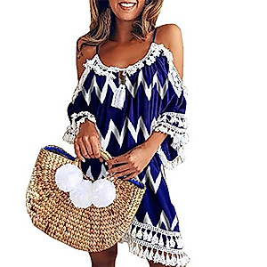 KYLEON Dress for Women Summer Casual Bohemian Off Shoulder Beach Dresses Tassel Swing Mini Short Sundress
