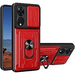 CCSmall for Oppo Reno8 T 5G Case with Slide Camera Cover, Heavy Duty Protective with Ring Kickstand & Card Holder Cell Phone Case for Oppo Reno8 T 5G LJK Red