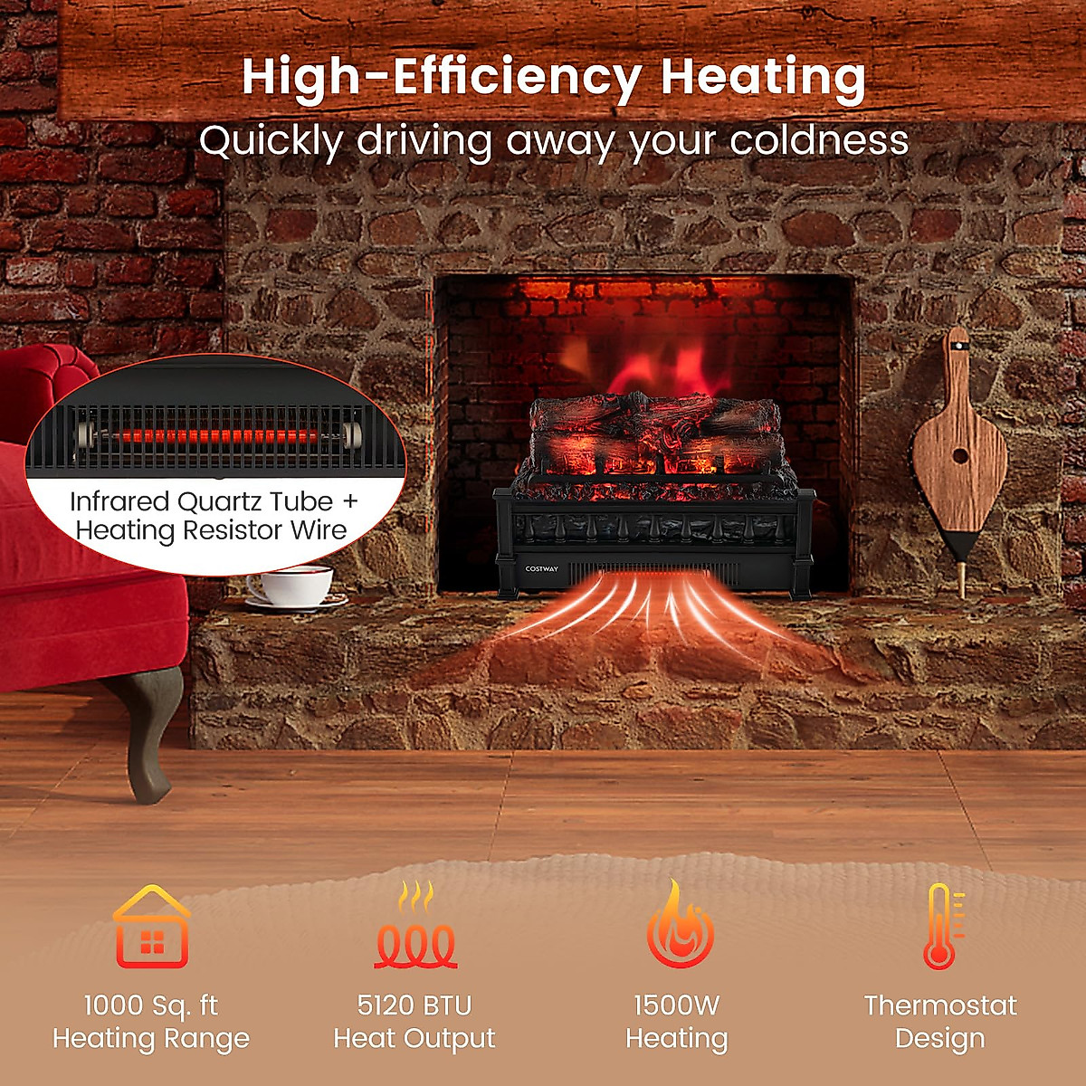 COSTWAY Eternal Flame Electric Fireplace Log, 20-inch Fireplace Insert Log Heater with Realistic Pinewood Ember Bed, Adjustable Temperature, Infrared Electric Fireplace Log for Home Decor, Black 1500W