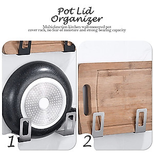 Hemoton 2 Pairs Pot Lid Rack Wall Mounted: Stainless Steel Pan Lid Organizer Holder Self Adhesive Pot Lid Holders Kitchen Cooking Utensil Tool Silver