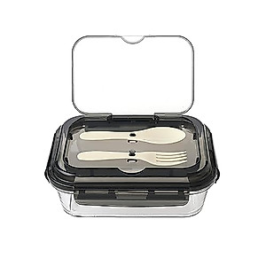 Delight King Lunch-to-Go Glass Baking and Storage Container with Fork and Spoon Compartment Lid, Black