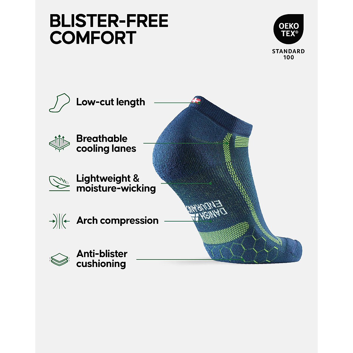 DANISH ENDURANCE 3 Pack Low-Cut Long Distance Running Socks, Men & Women, Multicolor (1x Black/Grey, 1x Blue/Yellow, 1x Grey/Black), US Women 11-13 // US Men 9.5-12.5