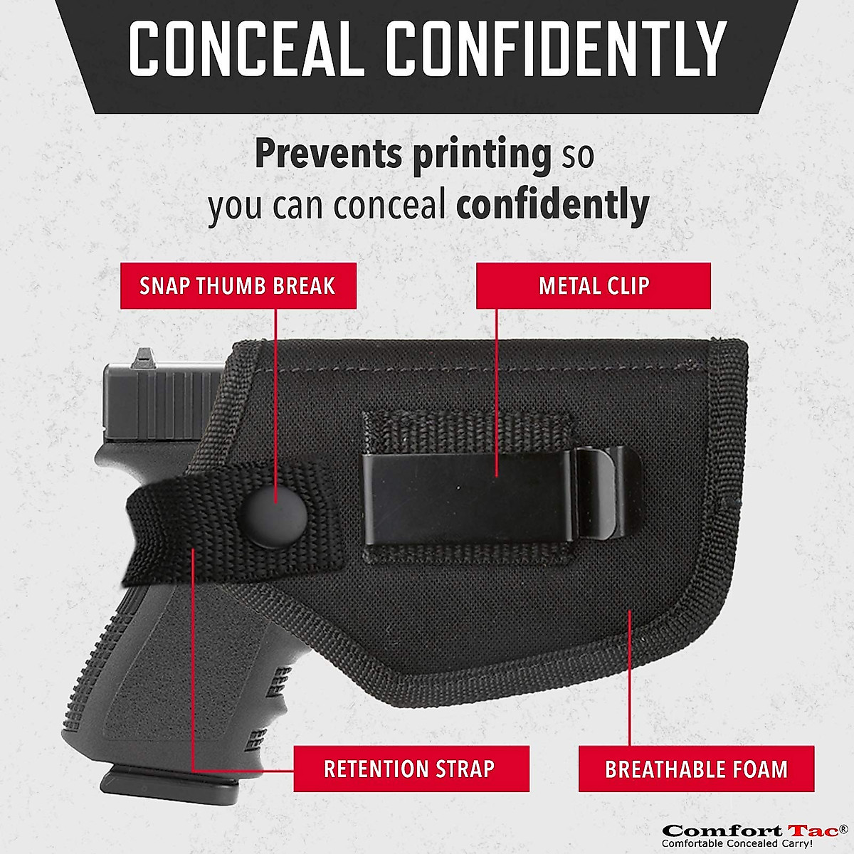 ComfortTac Gun Holster for Men & Women - Right-Handed, Extra Small (Size 1) Concealed Carry Holster - Wear Inside (IWB) or Outside (OWB) The Waistband - Gun Accessories