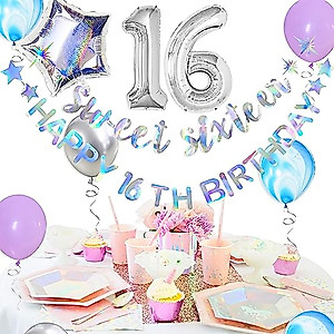 Iridescent Sweet Sixteen Happy 16th Birthday Banner Garland Foil Balloon 16 for Sweet 16 Decorations 16th Birthday Dercorations for Girls Cheers to 16 Years 16 and Fabulous Party Backdrop Supplies