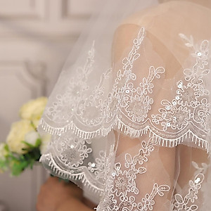 Ursumy Wedding Sequins Edge Veils for Brides 2 Tier Hip Fingertip Length Veil Sparkle Soft Tulle Bridal Lace Veils Hair Accessories with Comb (White)