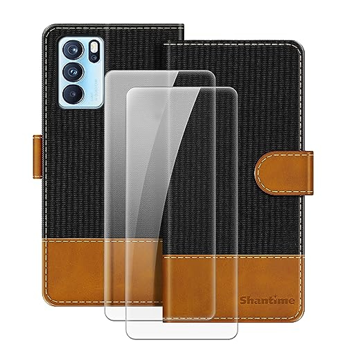 MILEGAO Leather Case for Oppo Reno 6 Pro 5G Magnetic Phone Case with Wallet and Card Slot + [2 Pack] Tempered Glass Screen Protector for Oppo Reno 6 Pro 5G (6.55”)