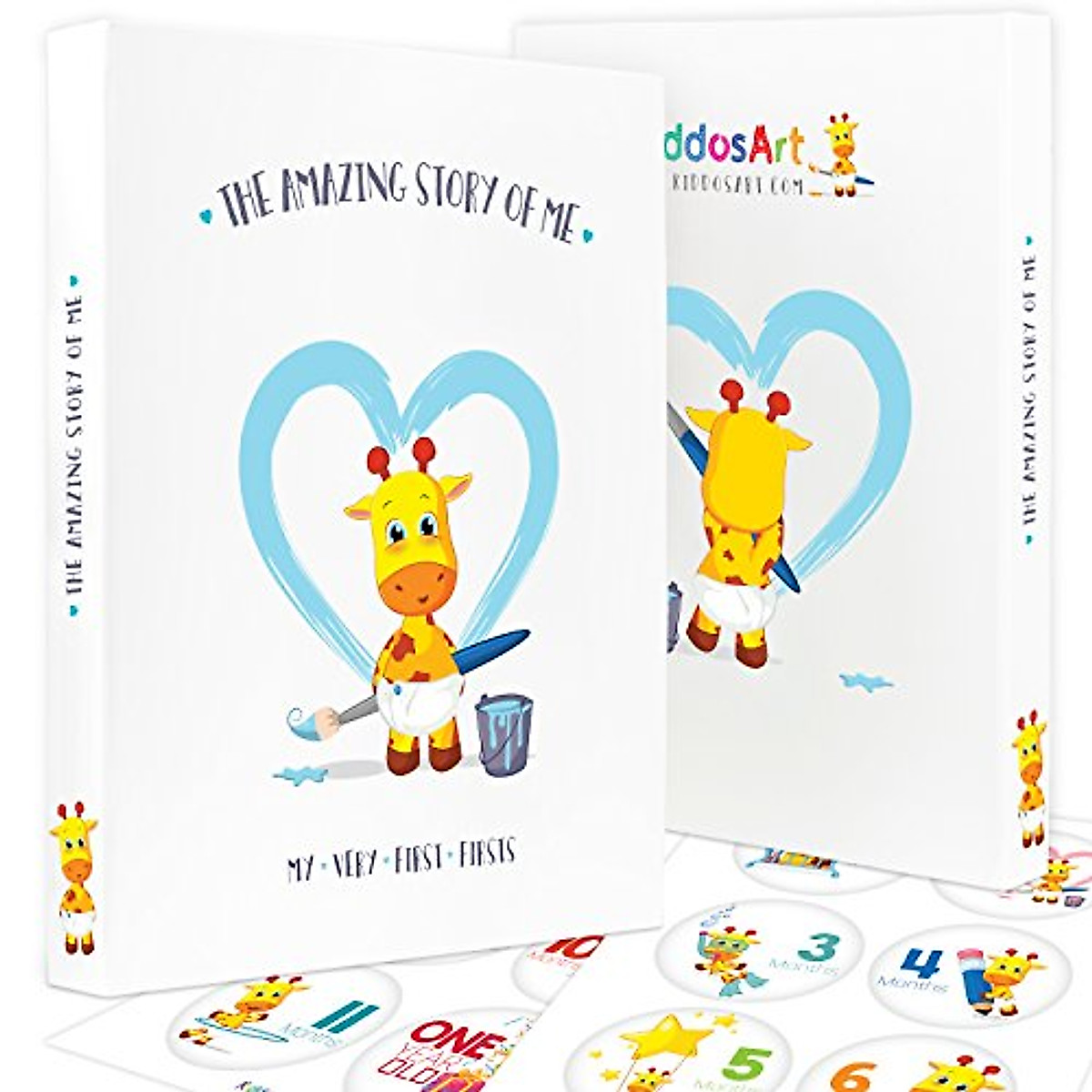 KiddosArt Baby Memory Book. Record Memories and Milestones of The First 5 Years On 72 Beautifully Drawn Pages Starring Lilly The Giraffe Blue. 12 Monthly Stickers Included.