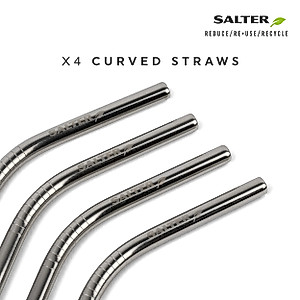 Salter 302 SSXR Eco Reusable Metal Drinking Straws, Curved and Straight Design, Set of 8, Includes a Sisal Fibre Cleaning Brush and Drawstring Bag, Perfect for a Night Out or Picnic, Stainless Steel