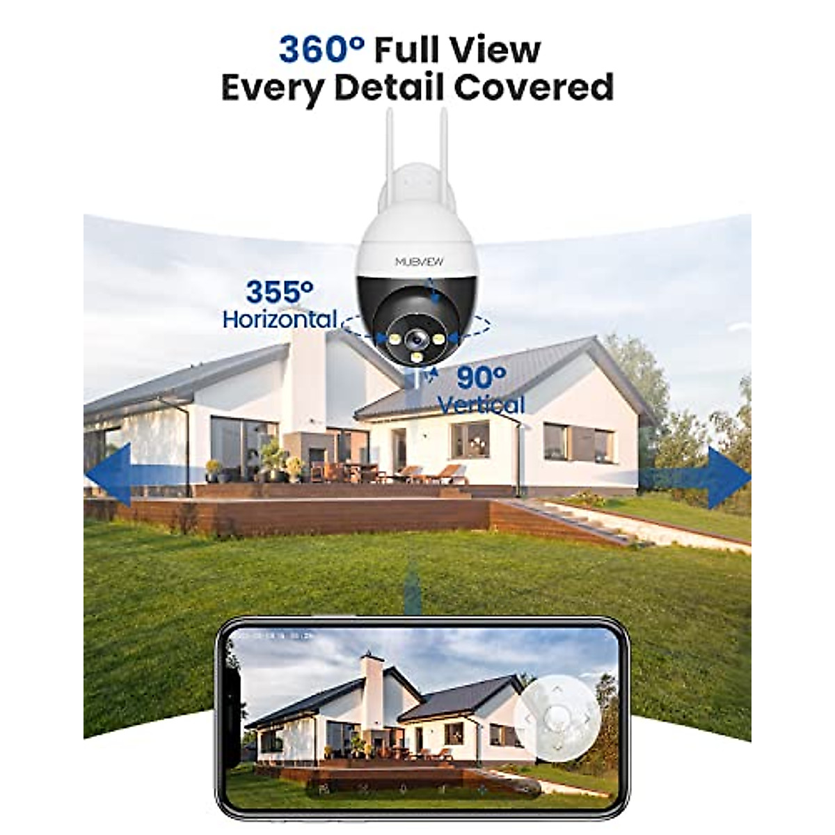 MUBVIEW 2K Security Camera Outdoor, Security Cameras with 360° PZT View, 2.4G WiFi Wired Home Surveillance Cameras, Color Night Vision, Motion Detection, Siren, 2 Way Talk, 24/7, Works with Alexa