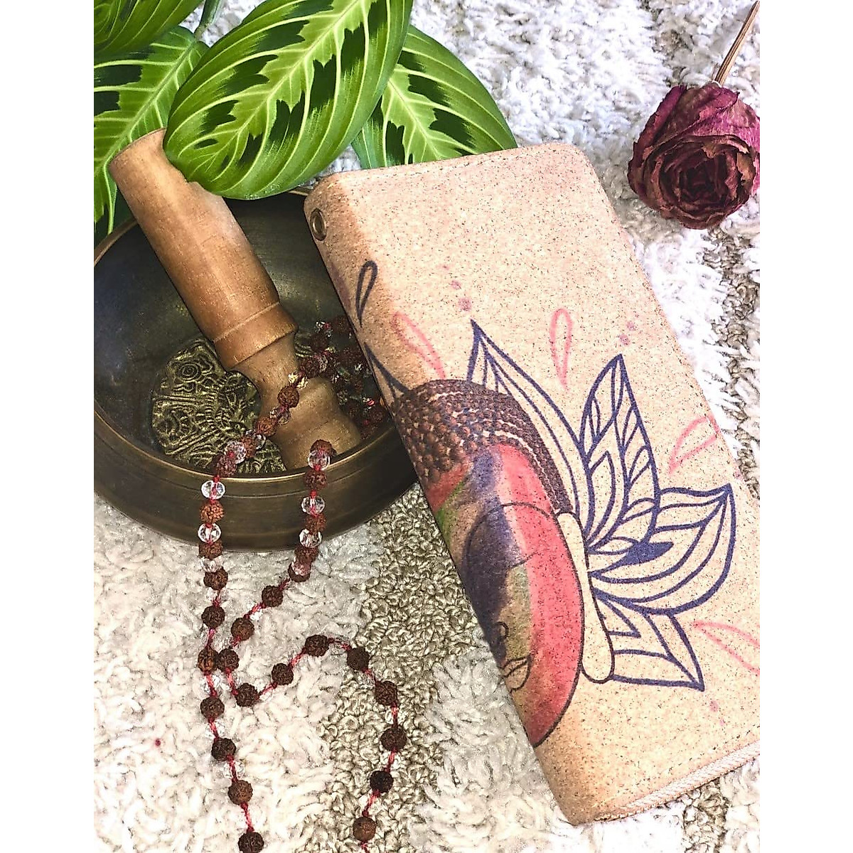 Soul Living Creations Buddha Cork Vegan Wristlet Wallet - Spiritual Design- rooom for credit cards, coins & bills and cellphone