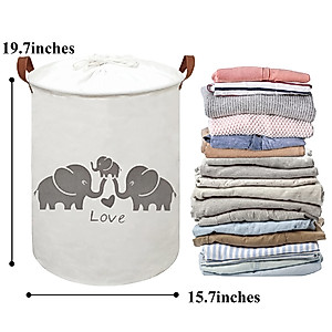 HIYAGON 19.7" x 15.7"Laundry Basket,Round Cotton Linen Storage Bin with Drawstring Cover for Bathroom/Closet/Toys Storage(Elephants)