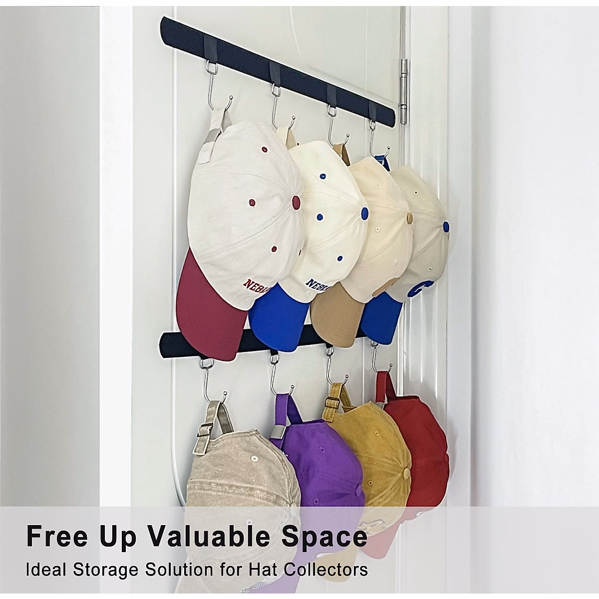 ETOWIFA Adhesive Hat Organizer Rack for Baseball Caps [Up to 36 Caps] Hat Hangers Holder Display for Wall, Over Door Closet, Room/College Dorm Storage - 3 Magic Strips with 12 Removable Hooks