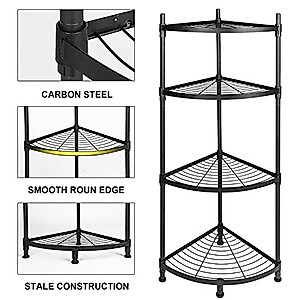 YSSOA 4 Tier Corner Display Rack Multipurpose Metal Shelving Unit, Bookcase Storage Rack Plant Stand for Living Room, Home Office, Kitchen, Small Space, 1-Pack, Bla