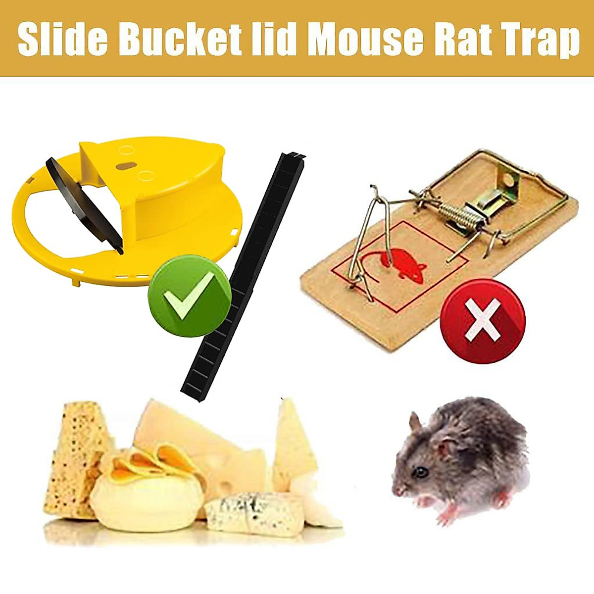 Mouse Trap Bucket, Turnover and Slide Bucket Lid Mouse Trap, Easy Set-up & Cleanning for Indoor & Outdoor, Mouse Trap Compatible, Humane or Lethal Bucket, Compatible 5 Gallon Bucket.