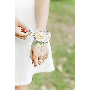 SDEERIT 4pcs Ivory Artificial Peony Wrist Corsages for Wedding, Bridesmaid Band Bracelet for Wedding Wrist Flower Mother of Bride and Groom, Party Proom Flowers(Ivory)