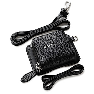 WOLFselection Mini Airpods Pouch - Genuine Leather Credit Card Holder with Zipper Case for AirPods Galaxy Buds Earphones - Mens Womens Wallets with Leather Lanyards for Neck and Wrist