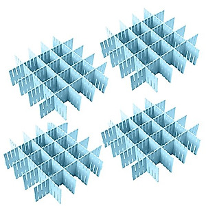 NewFerU Drawer Organizer Grid Dividers X 32, Adjustable Plastic DIY Partition Separators, Storage Box Tidy Inserts for Underwear Sock Bra Tie Scarf Tshirt Ornament Makeup Kitchen Cutlery (Blue)