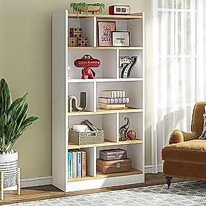 Tribesigns 72 Inch Tall White Bookcase, Modern Cube Bookshelf 6 Tier Bookcases, Large Open Display Shelf Storage Organizer for Living Room, Home Office, Library, Bedroom, White and Brown
