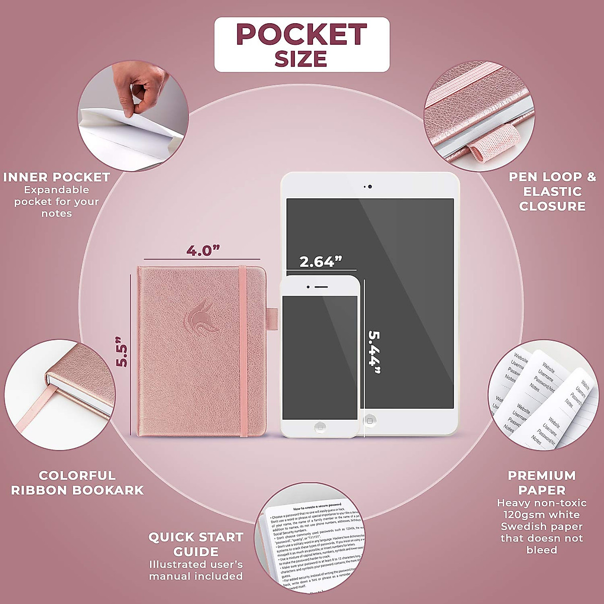 Clever Fox Password Book with alphabetical tabs. Internet Address Organizer Logbook. Small Pocket Password Keeper for Website Logins (Rose Gold)