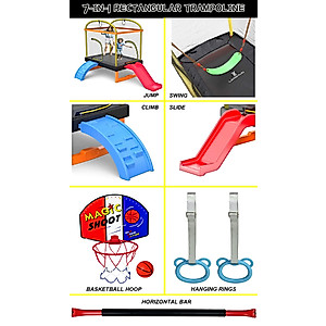 USPOINT 6.5ft Climb Slide Swing 7-in-1 Mini Rectangular Trampoline for Kids | Birthday Gift for Girls and Boys, Indoor Outdoor Toddler's Trampoline with Safety Net Enclosure, Padding, Zipper