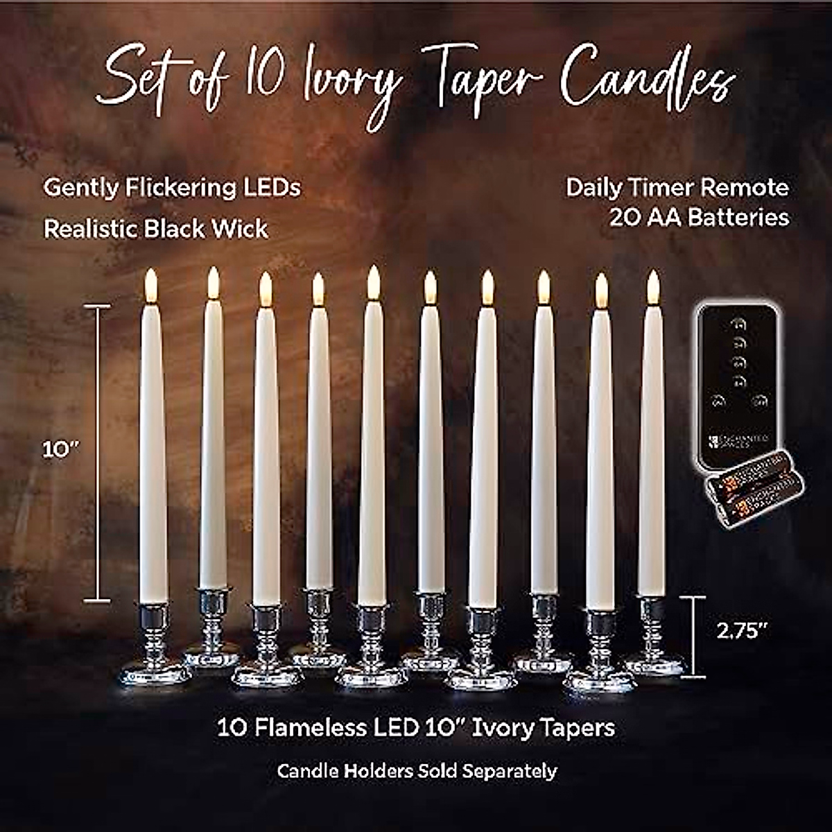 Enchanted Spaces Set of 10 Daily Timer Flameless LED Ivory 10" Taper Candles with Realistic Black Wick, Daily Timer Remote Control and 20 AA Batteries, Candle Holders NOT Included