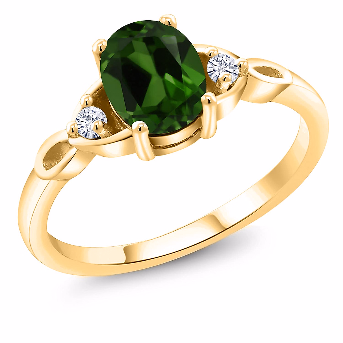 Gem Stone King 18K Yellow Gold Plated Silver Green Chrome Diopside and White Moissanite 3-Stone Rings For Women (1.28 Cttw, Gemstone, Oval 8X6MM, Available In Size 5, 6, 7, 8, 9)