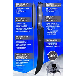 Dalstrong Butcher Knife - 10 inch - Delta Wolf Series Knife - Ultra-Thin & Zero Friction Blade - HC 9CR18MOV Steel - Black Titanium Nitride Coating - Breaking Knife - G10 Camo Handle - Leather Sheath