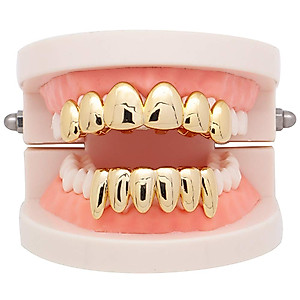 Psivika Gold Plated Shiny Hip Hop Teeth Grillz Caps Iced Out CZ Top and Bottom Vampire Fangs Grillz for Men and Women (Gold)