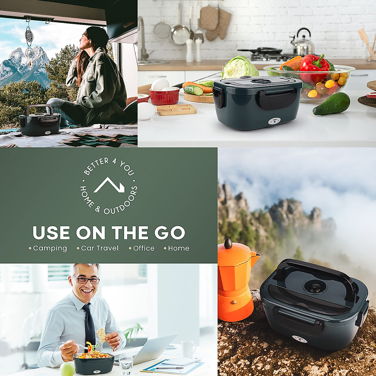 Better 4 You Electric Lunch Box – Food Heater Plug-In Lunch Box to Heat Lunch – Portable Food Warmer Car Lunch Box Warmer – Portable Electric Heating Lunch Box for Work 110V/12V – Teal & Black