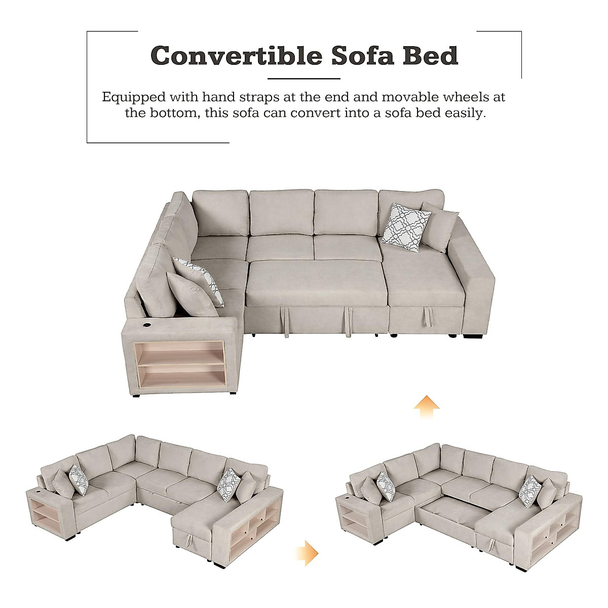 Merax L-Shaped Pull-Out Sleeper Sofa Bed with 2 USB Ports, Chenille U-Shaped Sectional Sofa with 4 Back Pillows, a Storage Chaise Lounge for Living Room (Beige)