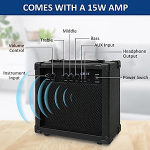 Electric Bass Guitar 4 Strings, 46 Inch Full Size Beginner Kit with 15W Amp, Gig Bag, Strap, 3 Picks for Beginner Adults Teens, Right Handed