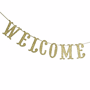 Welcome Gold Glitter Banner for First Day of School Teacher Banner Classroom Decor Decoration Home Schoolyard Party Supplies Cursive Bunting Photo Booth Props Sign