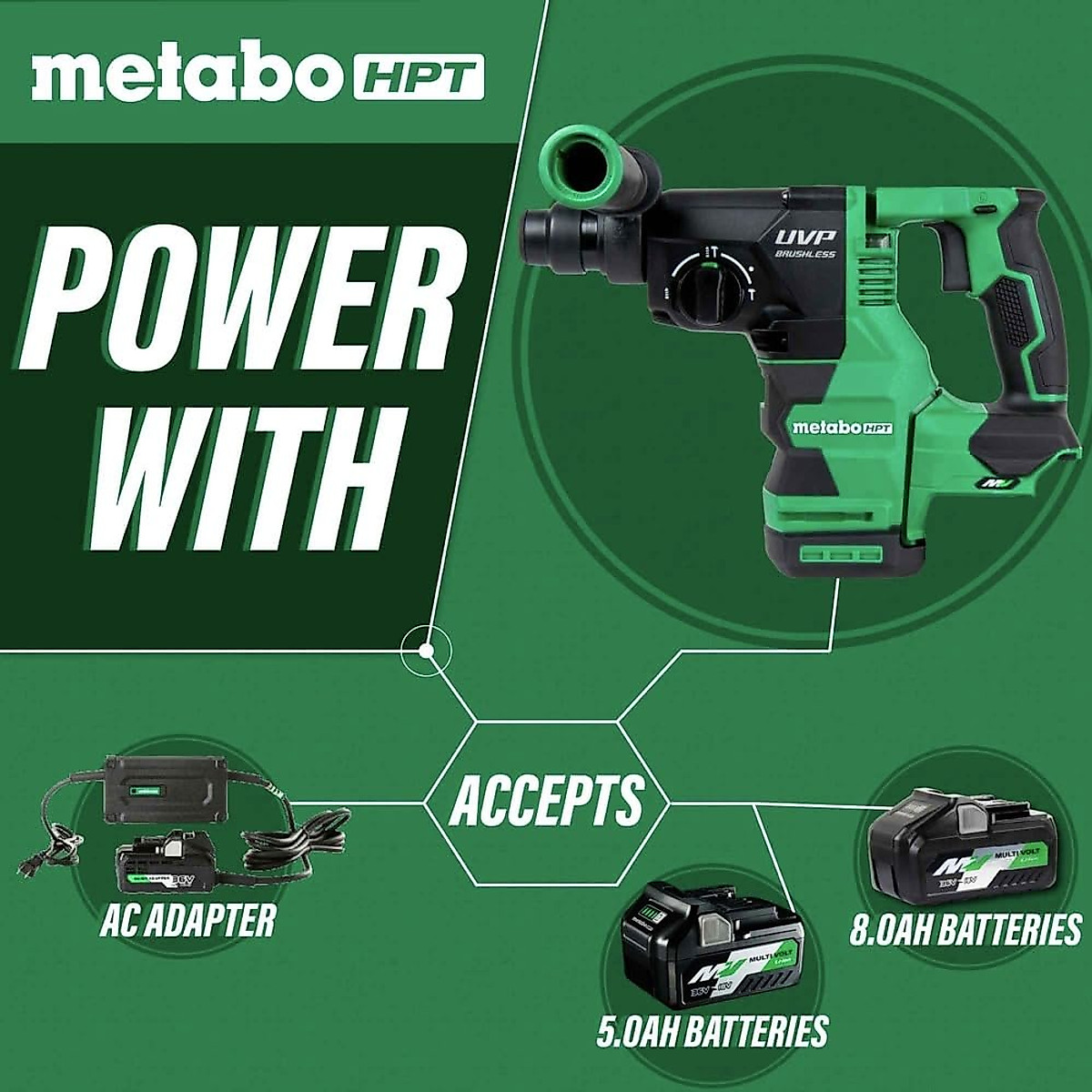 Metabo HPT Cordless 36V MultiVolt™ Rotary Hammer | Tool Only - No Battery | SDS Plus | 1-1/8-Inch | LED Level | User Vibration Protection | DH3628DAQ4
