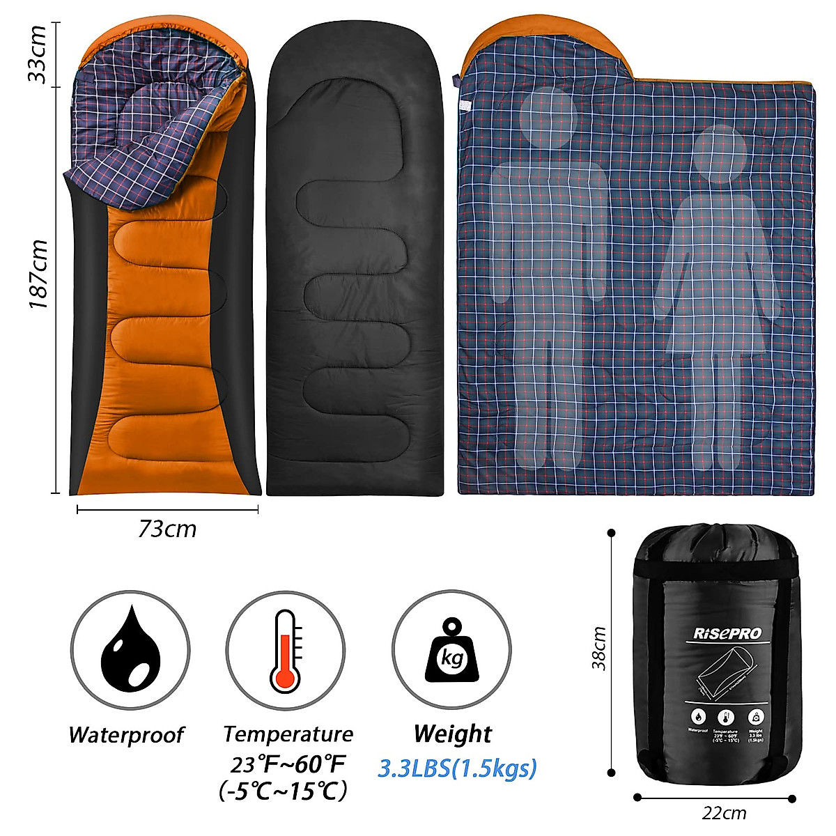 RISEPRO Sleeping Bag Lightweight, Portable, Waterproof 3-4 Seasons Warm Cold Weather Sleeping Bag for Adults & Kids - Indoor & Outdoor: Camping, Backpacking, Hiking (Blue)