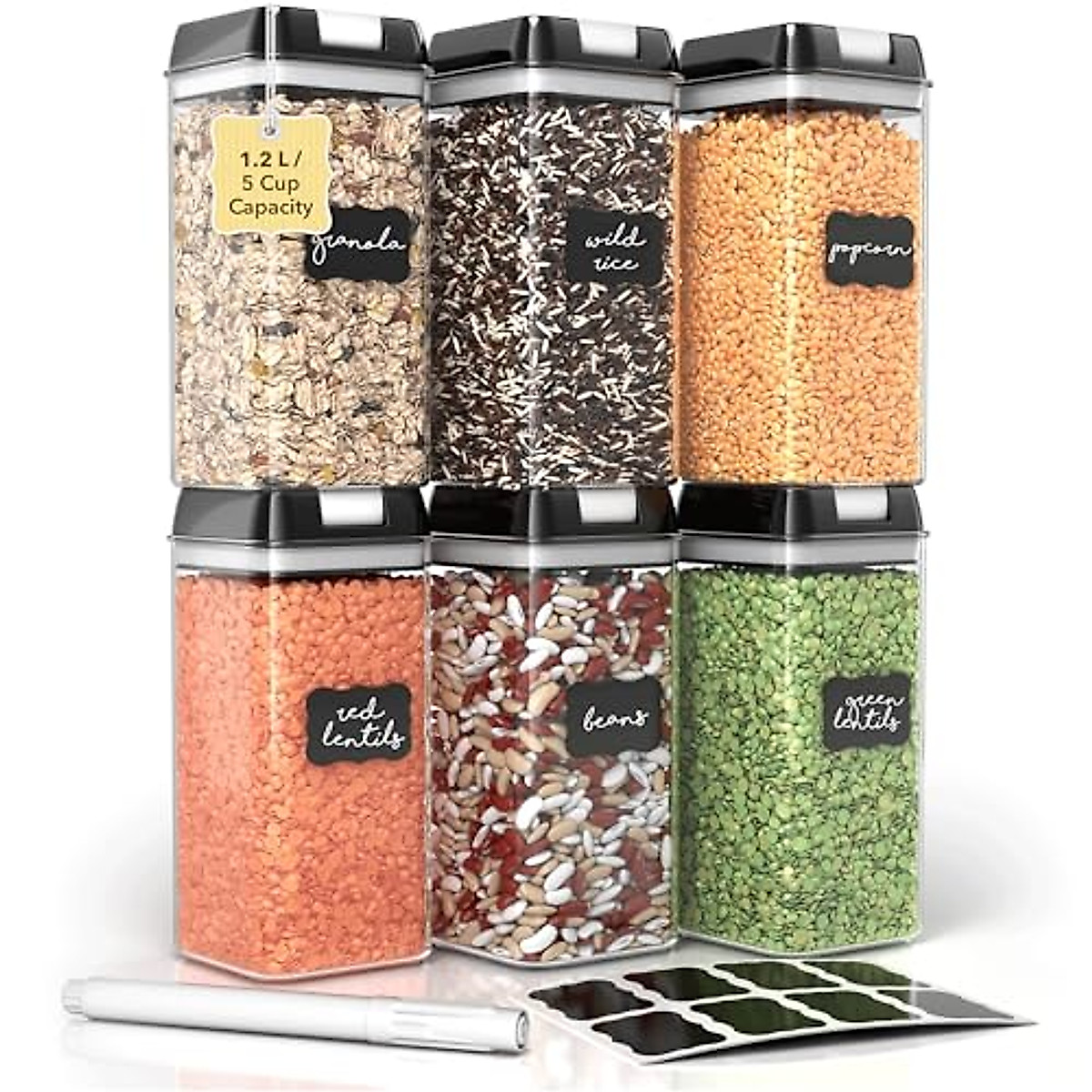 Simply Gourmet Food Storage Containers for Kitchen Organization - Pack of 6 （1.2L/5 Cups） BPA-Free Airtight Organizers for Flour, Sugar, Coffee & More - Includes Label & Marker