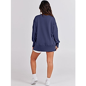 ANRABESS Women's Oversized Sweatshirts Crew Neck Long Sleeve Shirts Casual Loose Slit 2025 Fall Clothes Navy Blue S