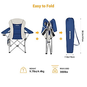 FUNDANGO Oversized Camping Chair with Lumbar Back Support Padded Outdoor Heavy Duty Camping Chair for Adults with Cup Holder, Armrest, Support 300 lbs
