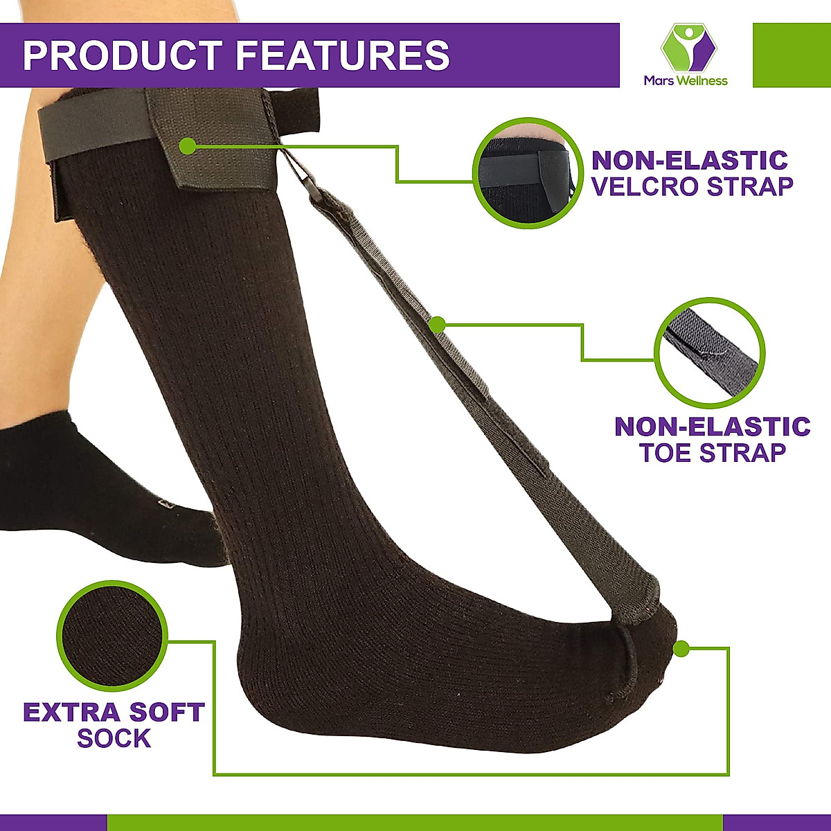 MARS WELLNESS Plantar Fasciitis Stretch Night Sock - For Pain Relief from Plantar Fasciitis and Achilles Tendonitis - Black - S