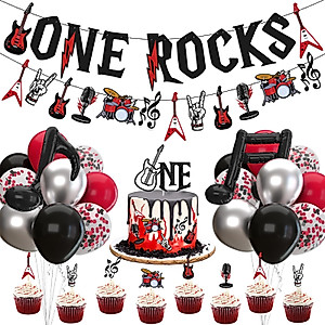 Sinasasspel One Rocks 1st Birthday Decoration Party Banner Balloons Kit Rock And Roll Balloon Garland for Boy Girl First Birthday Party Decor Red Black Guitar Rock Star Party Supplies