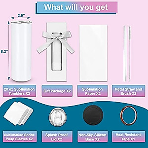 2 Pack 20 Oz Sublimation Tumblers with Lids and Straws, Insulated Stainless Steel 20 Oz Tumbler Bulk, Individual Box Skinny Tumblers with Lids and Straws, Bottle Cap, Shrink Wrap, Heat Resistant Tape