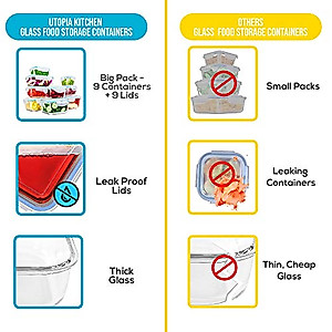 Utopia Kitchen Glass Food Storage Container Set - 18 Pieces (9 Containers and 9 Lids) - Transparent Lids - BPA Free (Blue, 18 Piece Set)