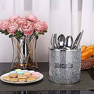JUXYES Sparky Glass Crushed Diamond Utensils Holder for Party, Luxurious Silverware Holder Organizer Decorative Utensil Storage Crock Shiny Cutlery Holder Silverware Organizer for Kitchen Dining Table