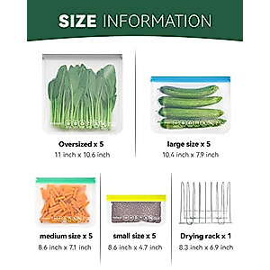20 Pack Reusable Food Storage Bags and 1 Silicone Bag Drying Rack, Reusable Freezer Bags Assorted Sizes(5 Snack Bags+5 Sandwich Bags+5 Quart Bags+5 Gallon Bags) for Fruits Meat and Veggies