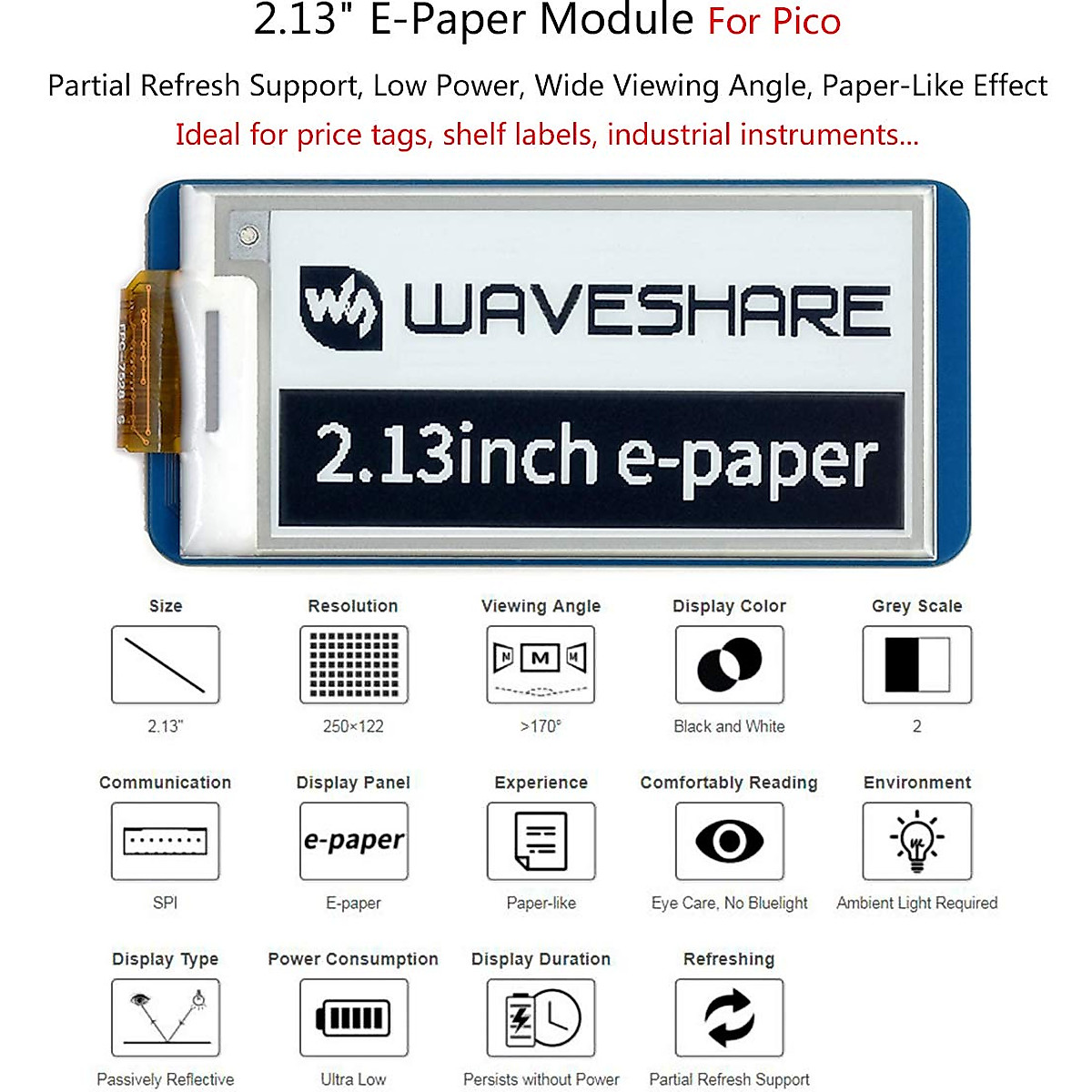 waveshare 2.13inch E-Paper Display Module for Raspberry Pi Pico, Black White Two-Color 250x122 Pixel E-Paper Screen LCD SPI Interface Support Partial Refresh Paper-Like Effect Wide Viewing Angle