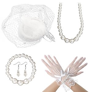 Heliltd 5Pcs Lace Fascinators for Women Tea Party Fascinator Hat for Women White Veil Feathers Hats Gloves Pearl Jewerly Set