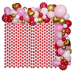 110Pcs Valentines Day Balloon Garland, Galentine's Party Balloon Arch with Pink White Red Balloon & Heart Foil Curtain for Valentine Party Anniversary,Wedding,Sweetheart Bridal Shower Engagement Decor