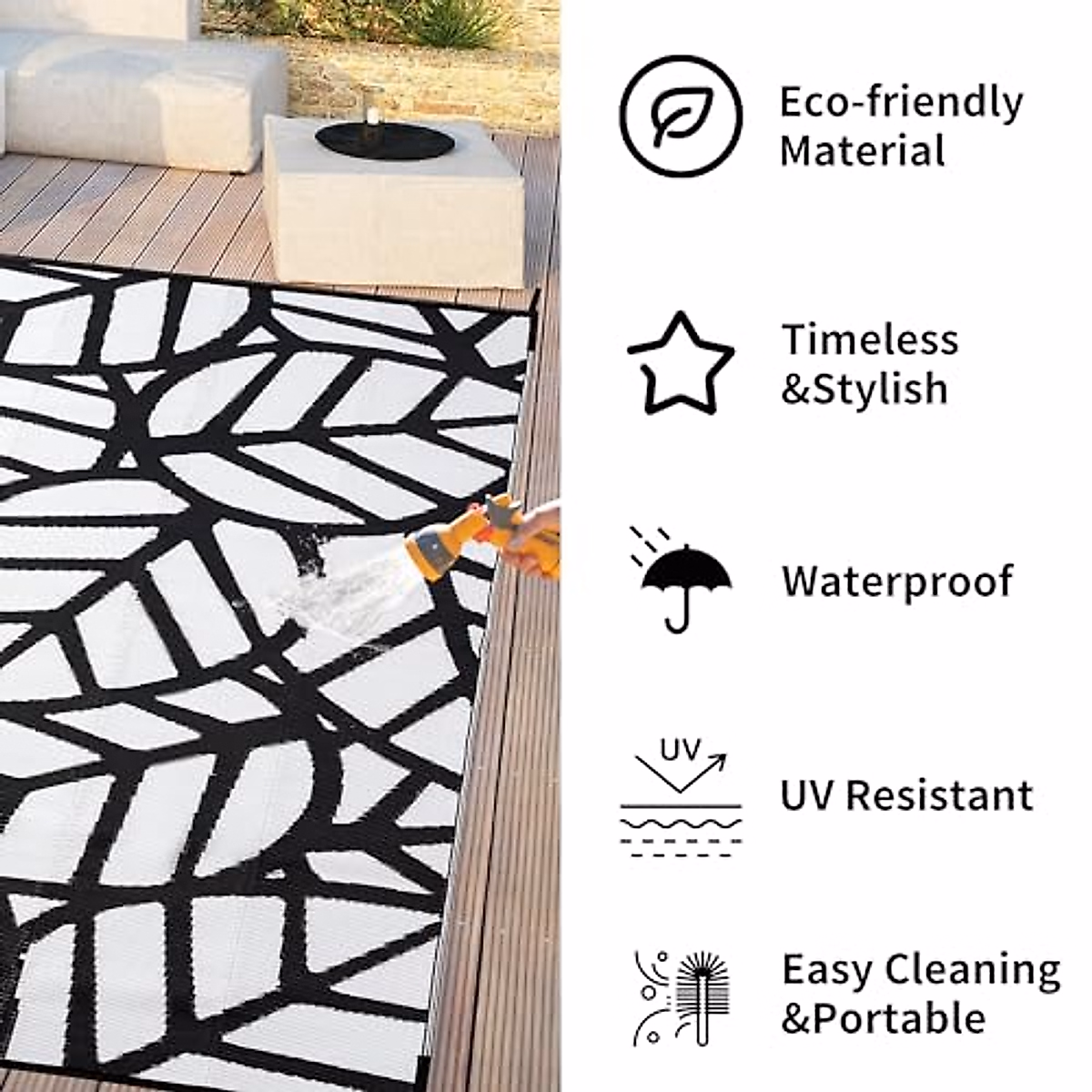GARTOL 9x12 Outdoor Rug Waterproof, Reversible Plastic Straw Rug for RV, Patio, Backyard, Pool Deck, Picnic, Beach, Camping, Outdoor Carpet Mat (Black & White)