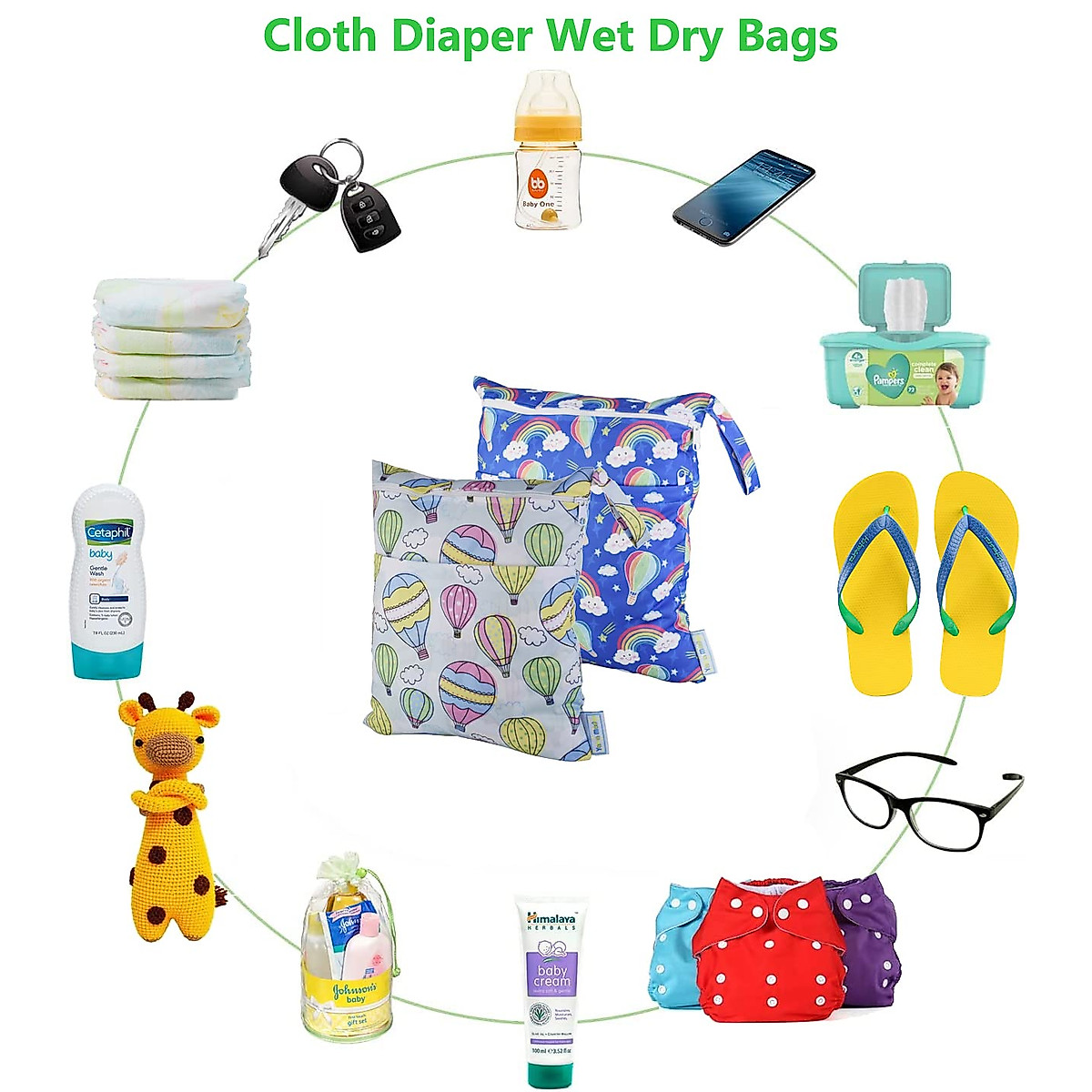 2 Pcs Cloth Diaper Wet Dry Bags Waterproof Reusable Travel Daycare Baby Pump Parts Bag for Swimsuits Clothes with Zipper (Rainbow and Hot Air Balloon)